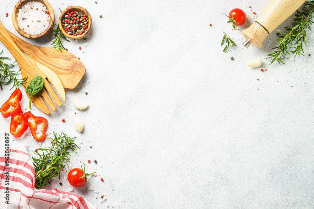 Food background with spices, herbs and utensil on white background ...