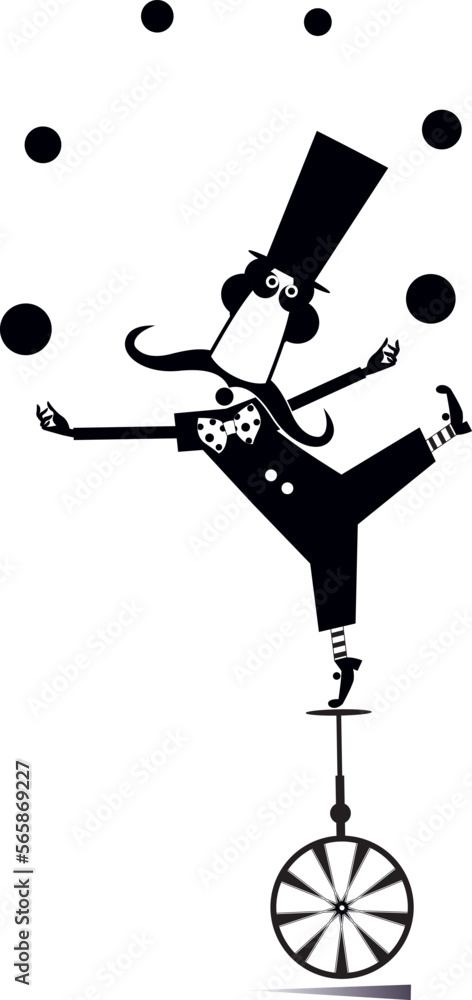 Equilibrist Man On The Unicycle Juggles The Balls Funny Man In The Top Hat Balances On The