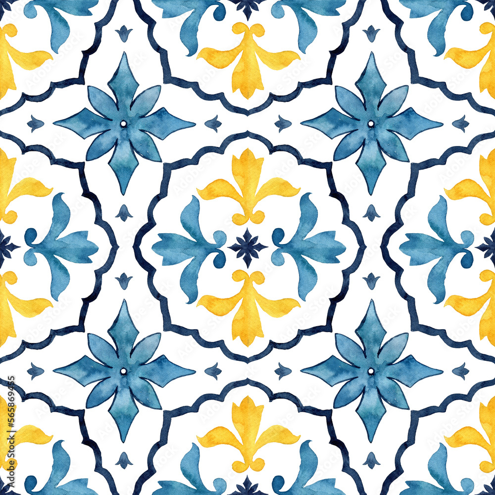 Watercolor seamless pattern consisting of yellow and blue Mediterranean ...
