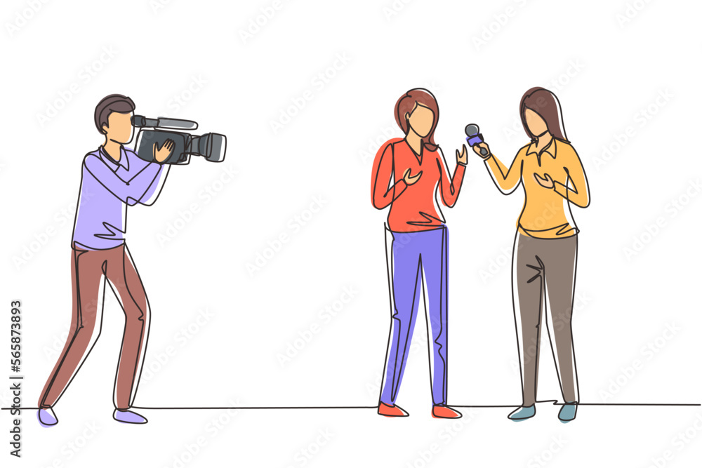 Single one line drawing woman journalist with microphone, interview man ...
