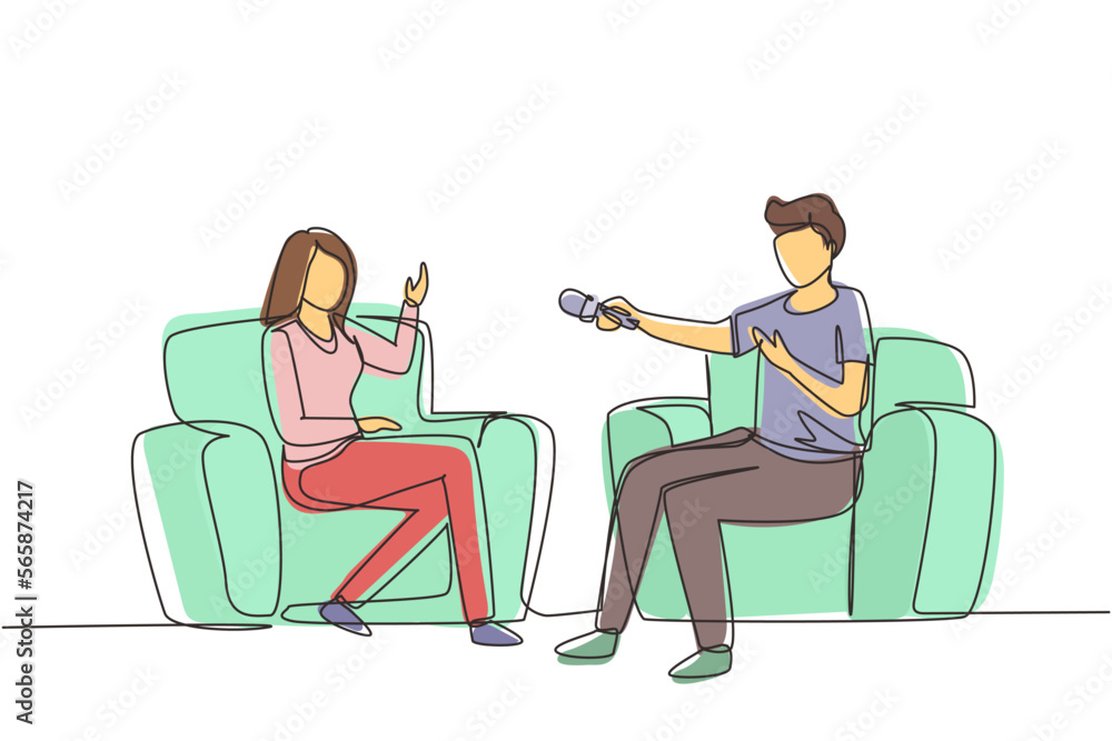 Continuous one line drawing journalistic interview. Coworker ...