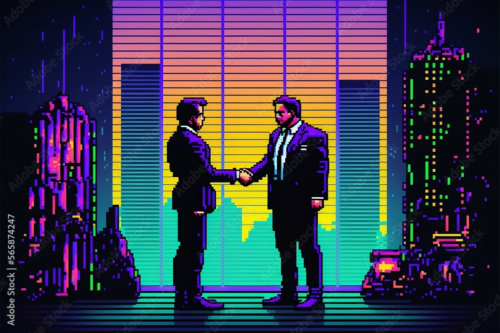 32-bit art/pixel art of two business men shaking hands. Cyberpunk ...