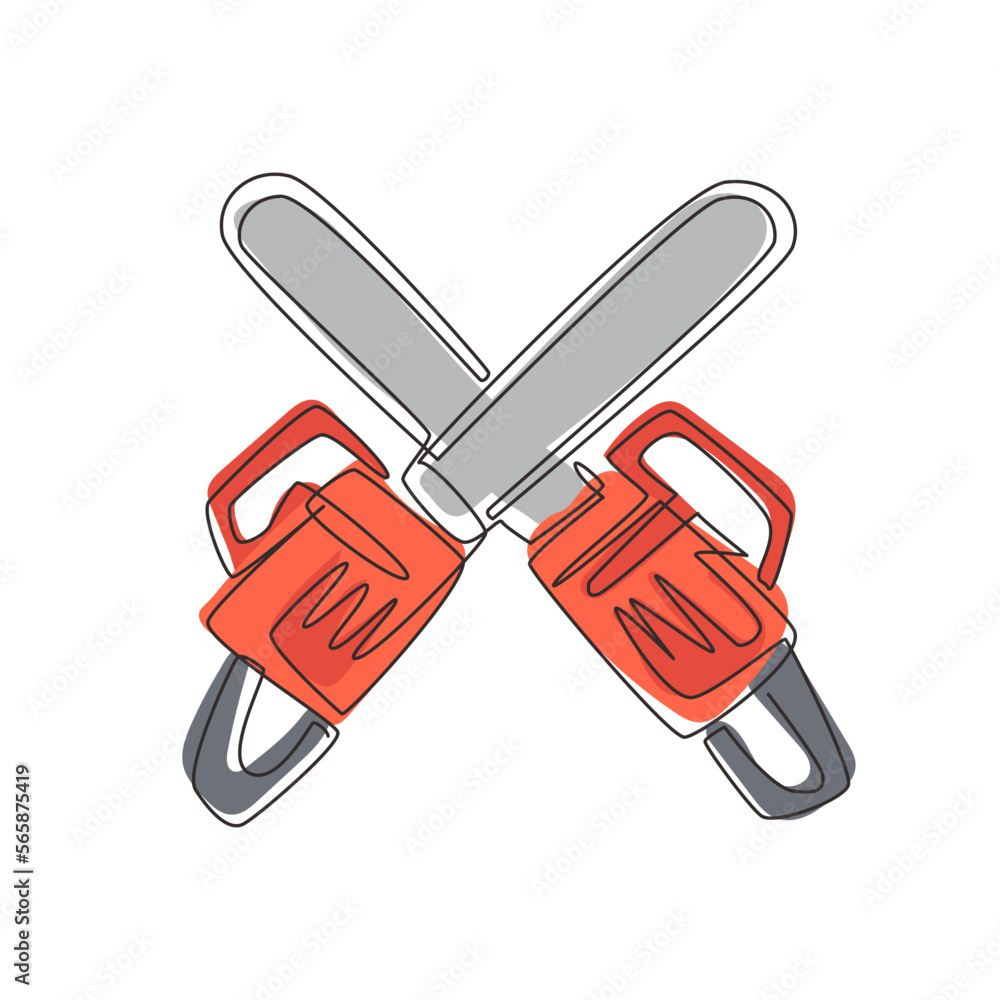 Continuous one line drawing crossed chainsaws isolated on white ...
