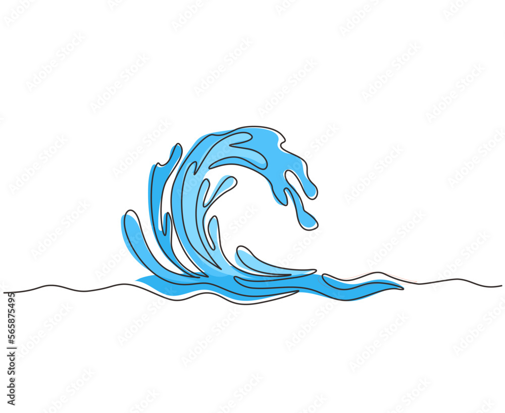 Continuous one line drawing water splashes wave twirl isolated surge ...