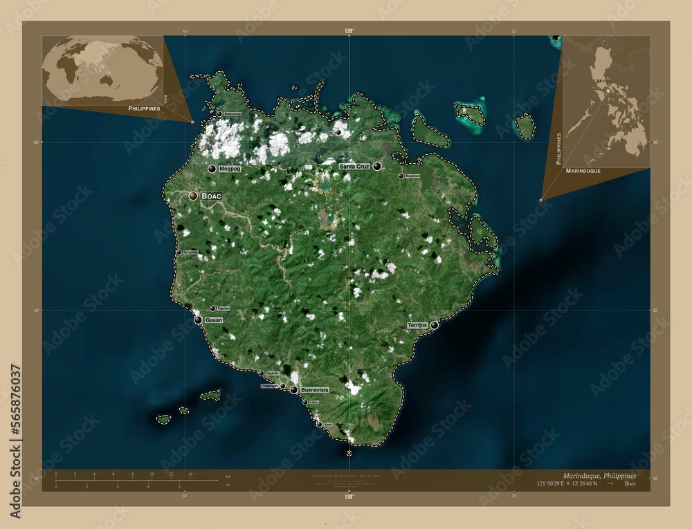 Marinduque, Philippines. Low-res satellite. Labelled points of cities ...