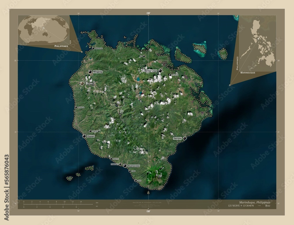 Marinduque, Philippines. High-res satellite. Labelled points of cities ...