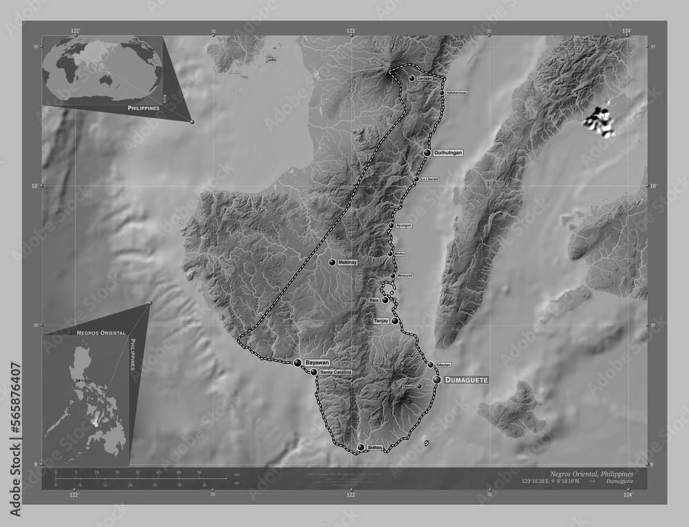 Negros Oriental, Philippines. Grayscale. Labelled points of cities ...