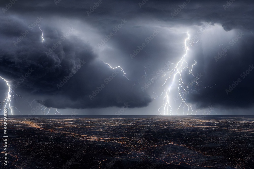 Thunderous dark sky with black clouds and flashing lightning. Panoramic view. Concept on the ...