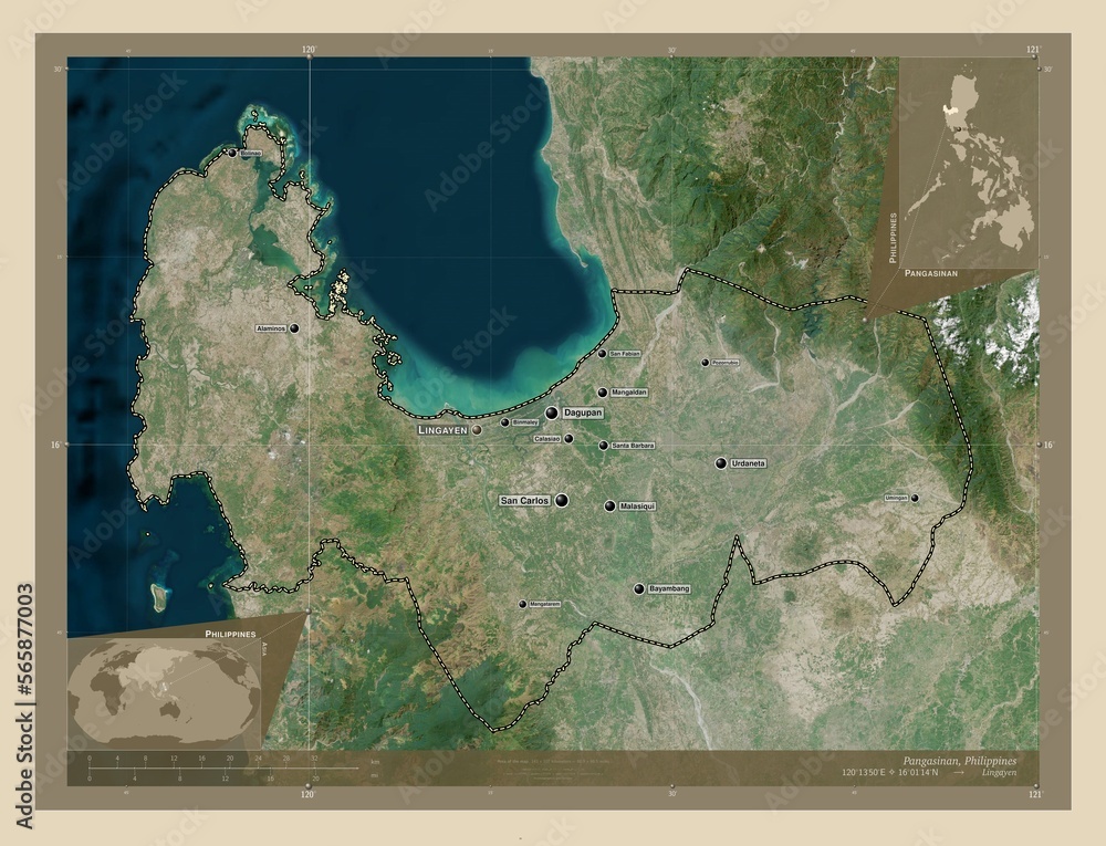 Pangasinan, Philippines. High-res satellite. Labelled points of cities ...