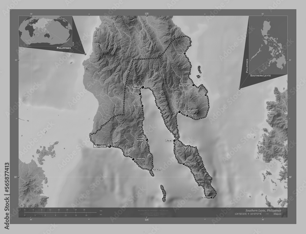 Southern Leyte, Philippines. Grayscale. Labelled points of cities Stock ... Southern Leyte, Philippines. Grayscale. Labelled points of cities Stock ...