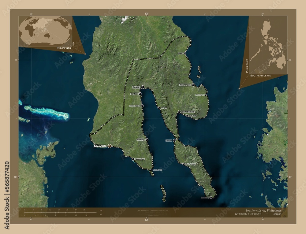 Southern Leyte, Philippines. Low-res satellite. Labelled points of ...