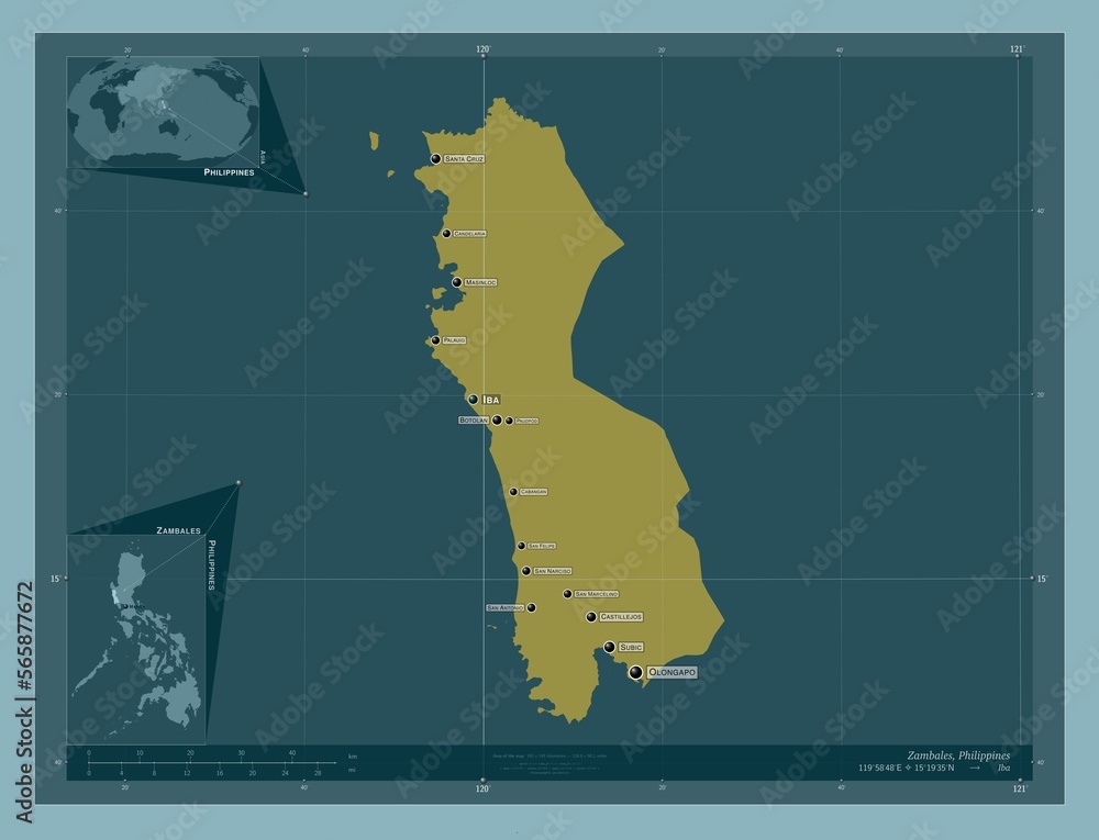 Zambales, Philippines. Solid. Labelled points of cities Stock ...