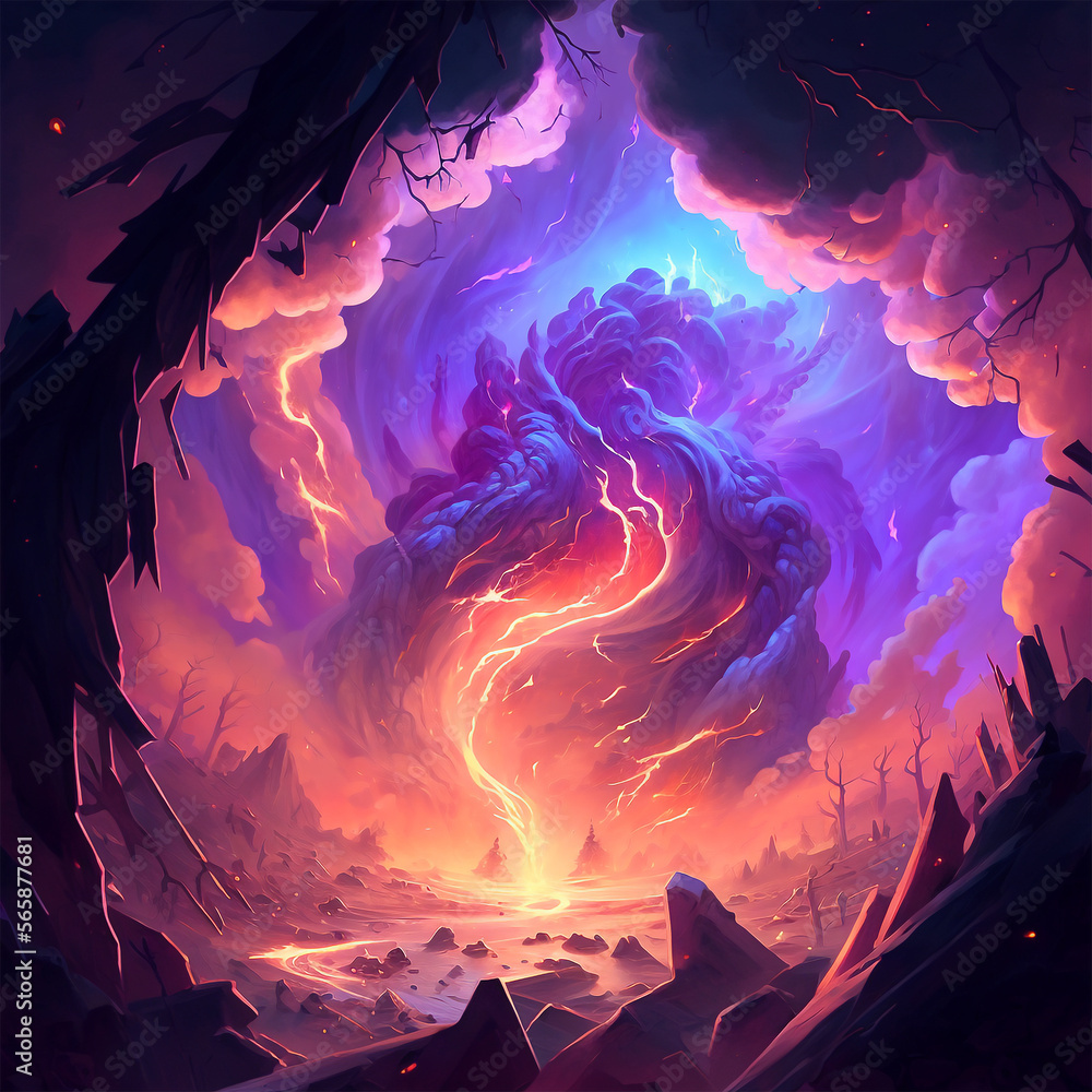 Background illustration of a massive magical storm. Portal to the metaverse. Inferno. Casual ...