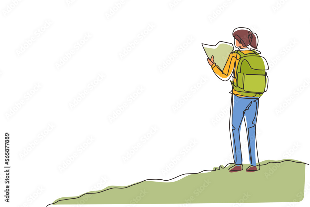 Continuous one line drawing woman hiker with backpack and map hiking in ...