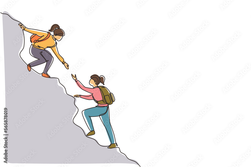 Vetor de Single one line drawing two woman help each other to climb up ...