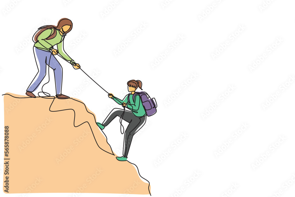 Single continuous line drawing two women hikers climbing up mountain ...