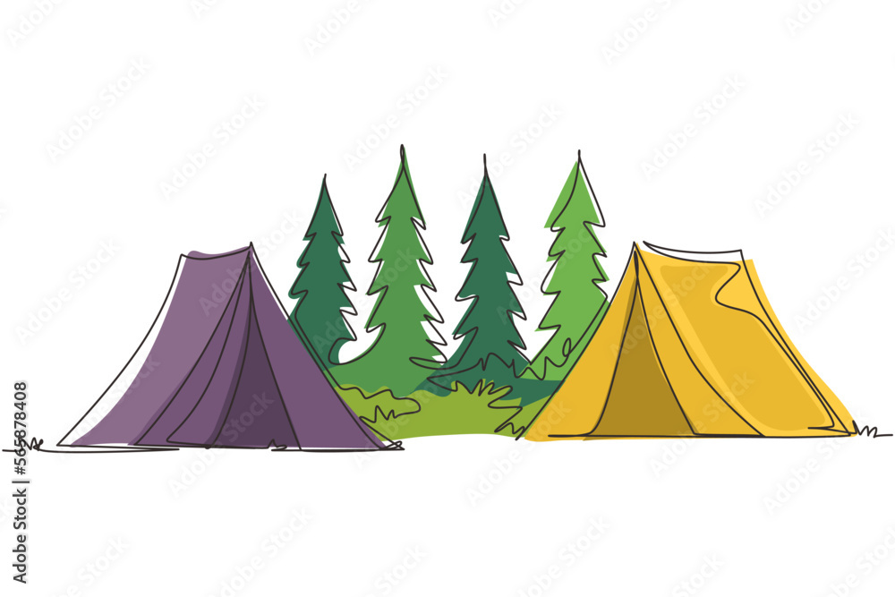Continuous one line drawing two tents camping tourist pine forest ...