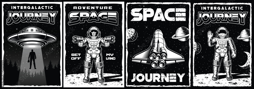 Black and white set of a UFO posters in vintage style with space ...