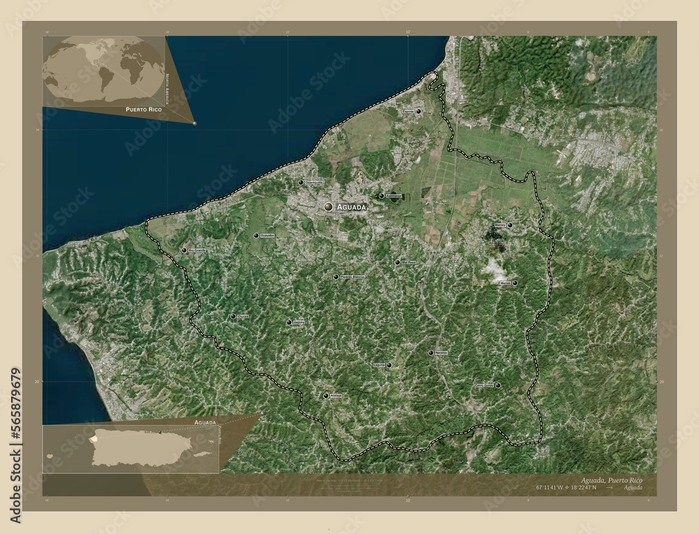 Aguada, Puerto Rico. High-res satellite. Labelled points of cities ...