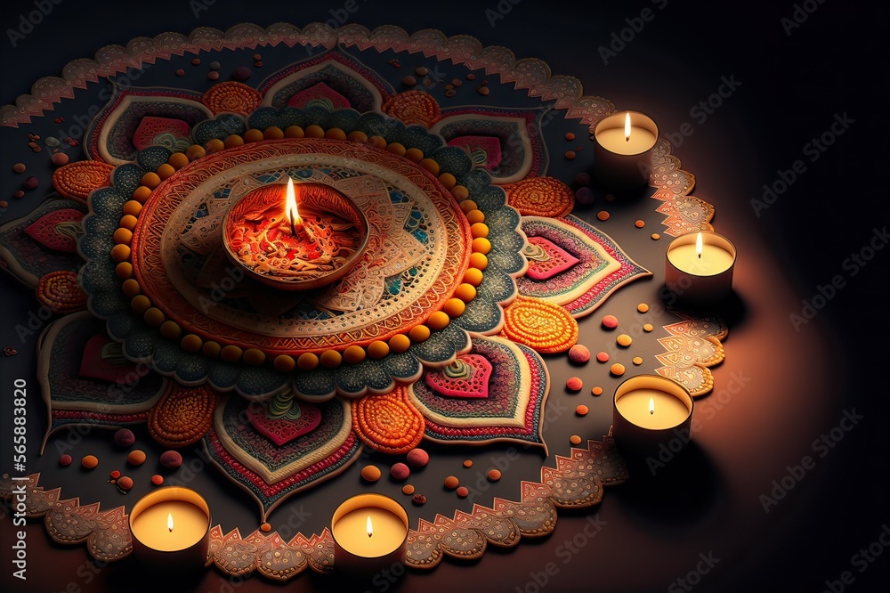 Diwali, festival of lights holiday design with Indian Rangoli, mandala ...