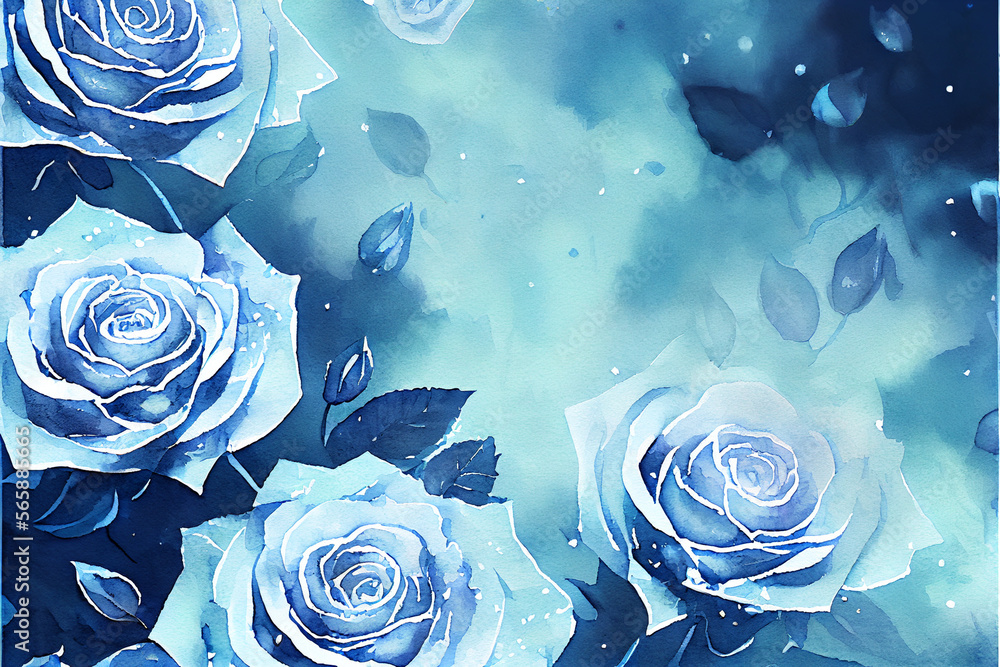 Abstract background with blue roses, watercolor roses, water with blue ...