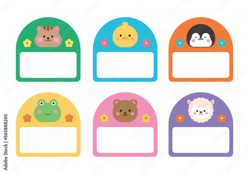A collection of cute name label designs with animal character concepts ...