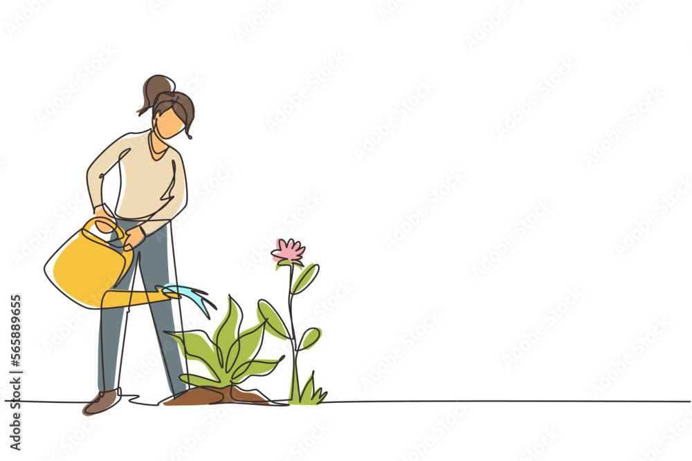 Single one line drawing lovely young woman or gardener taking care of ...