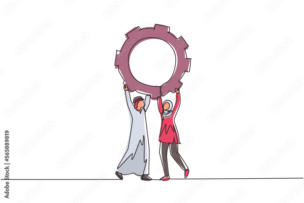 Single one line drawing collaboration. Arabian man woman lifting gears ...