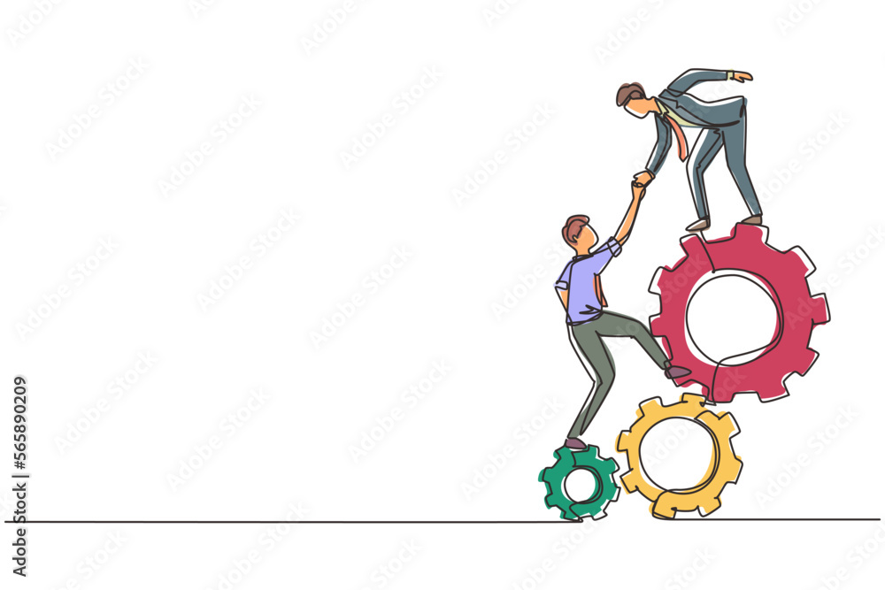 Single one line drawing two young businessmen helping each other to go ...