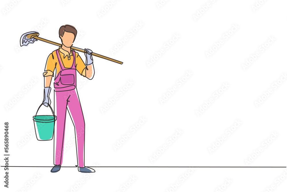 Single continuous line drawing man mopping floor, male cleaner janitor ...