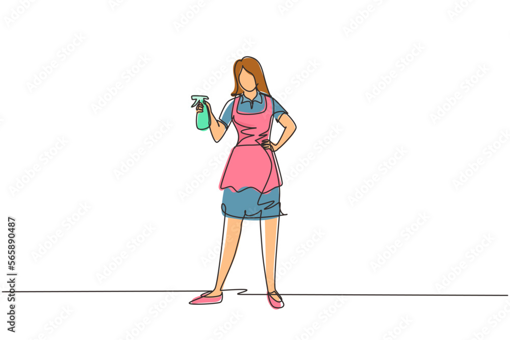 Single continuous line drawing woman washing windows at home. Housework ...