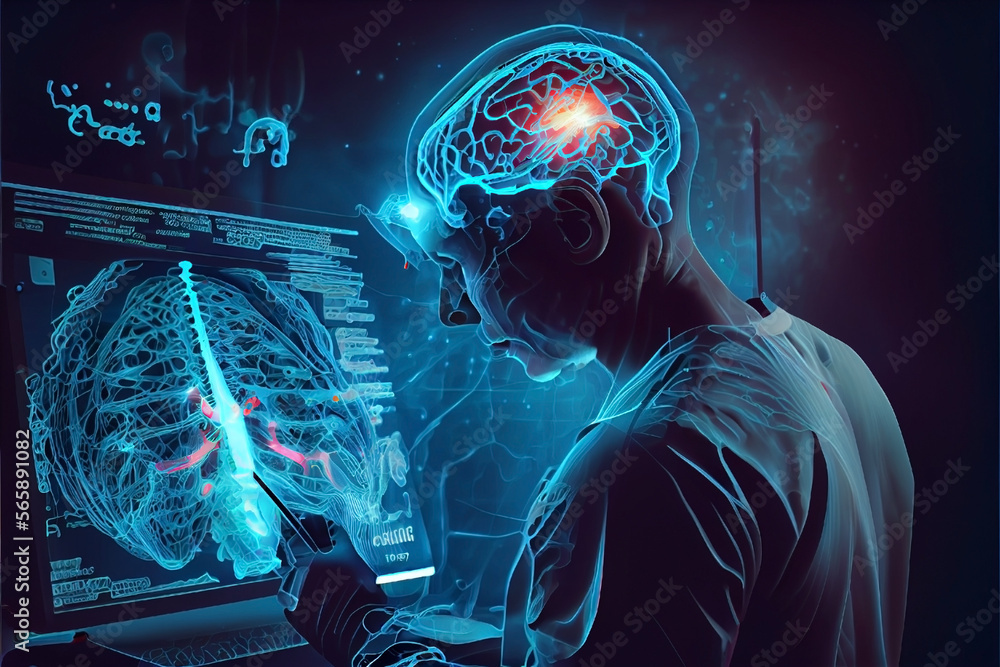 Futuristic biomedical concept of a doctor using advance holographic scanning a patient's brain ...