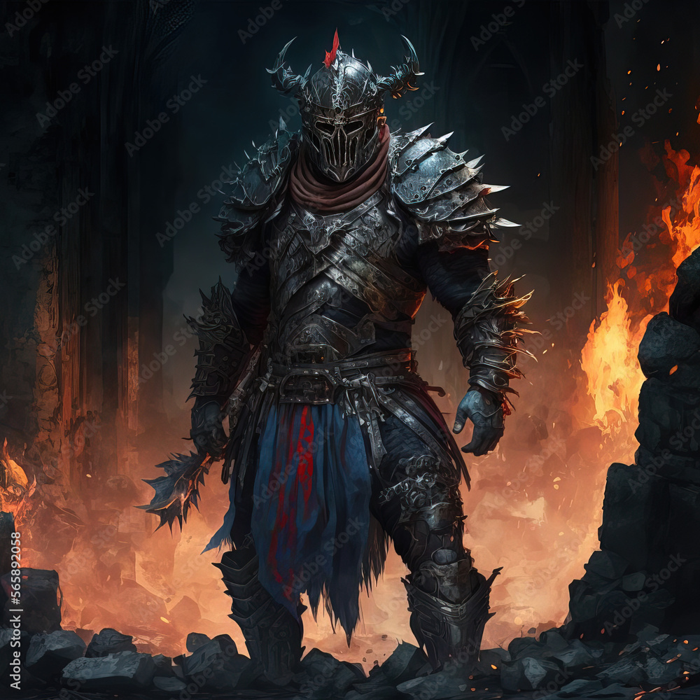 Soldier in armor stands among burning, hellish scene in realistic ...