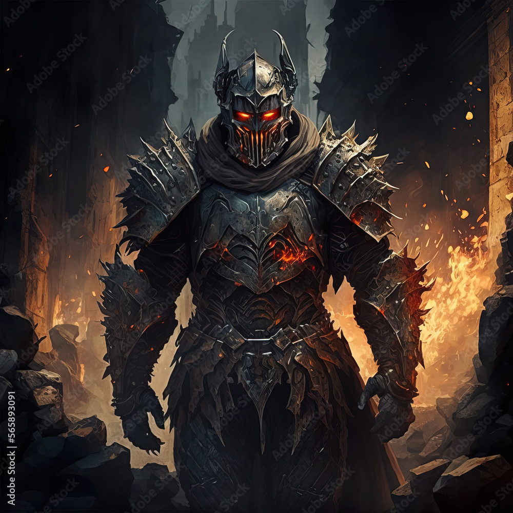 Knight stands in burning city in darkly detailed speedpainting art ...