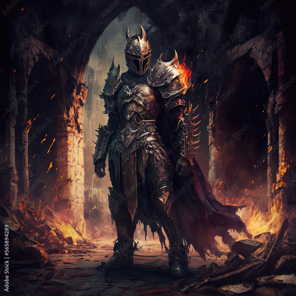 Photorealistic art of knight with sword in smoky hallway surrounded by ...