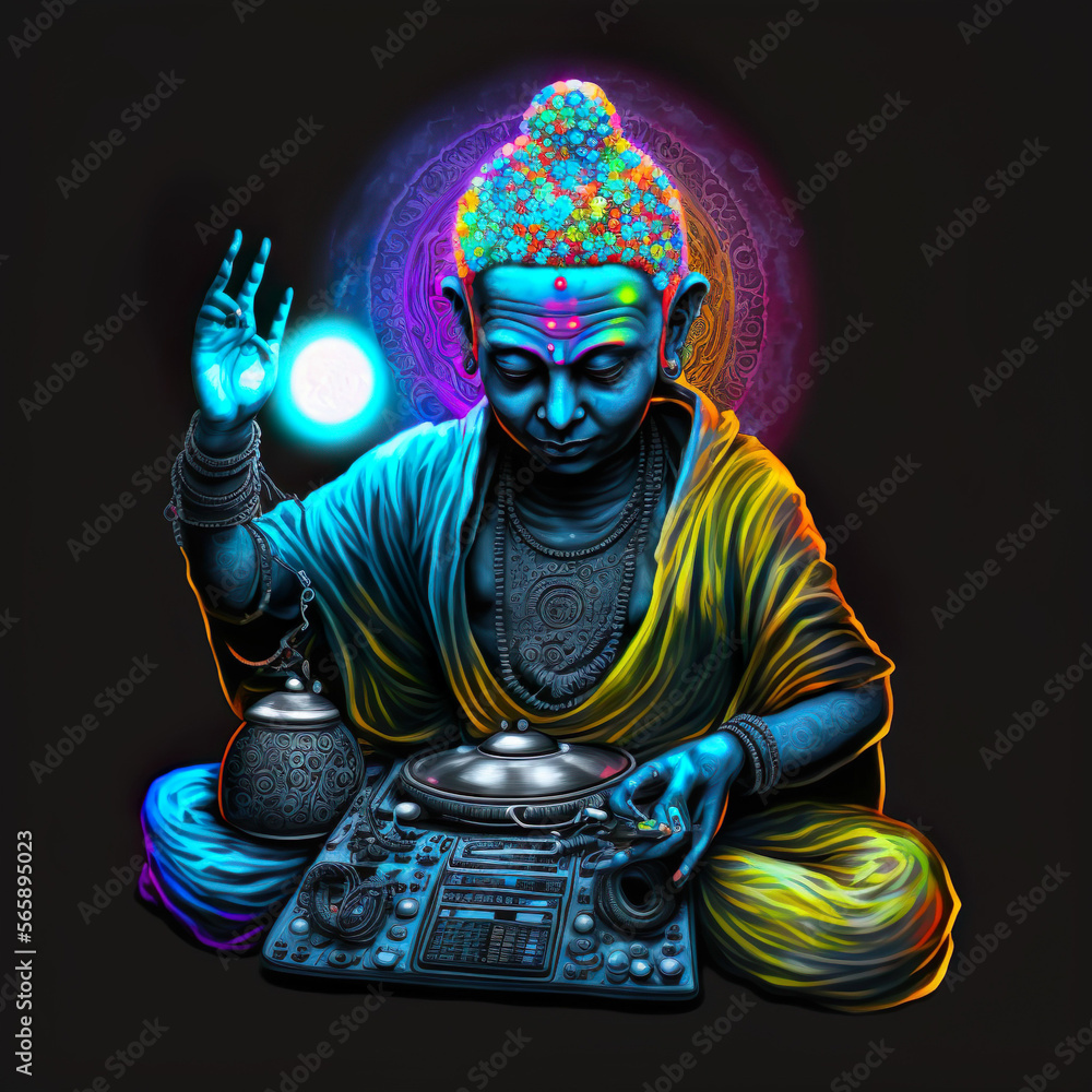 Psychedelic rave psytrance dj Buddha, holy symbol of faith in Buddha in ...