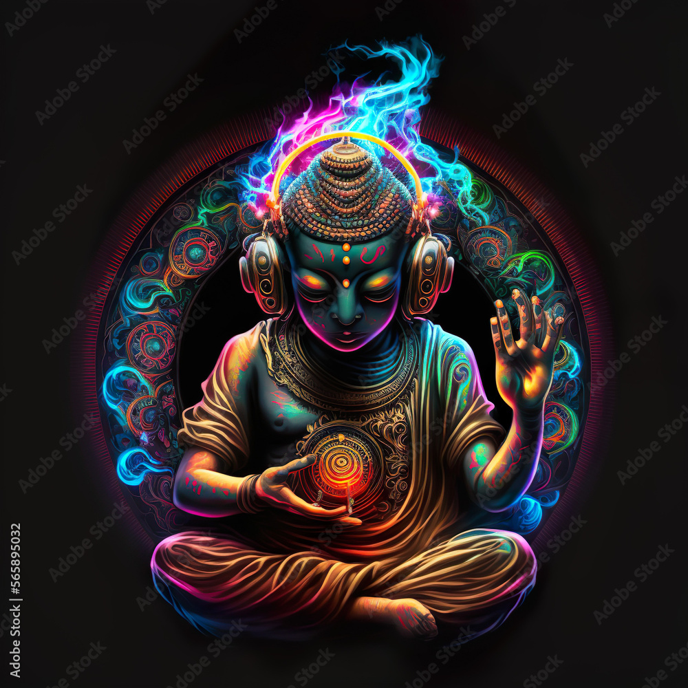 Psychedelic rave psytrance dj Buddha, holy symbol of faith in Buddha in ...