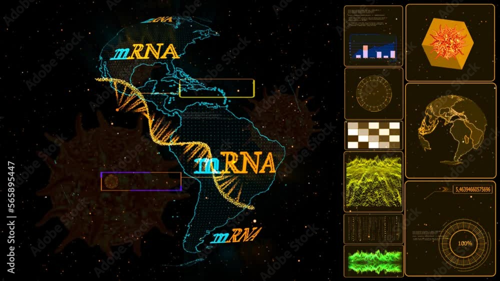 MRNA model to cure simulation on computer digital global with monitor ...