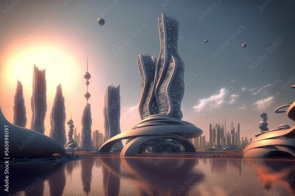 Skyline of futuristic city with fictional architecture in panoramic ...
