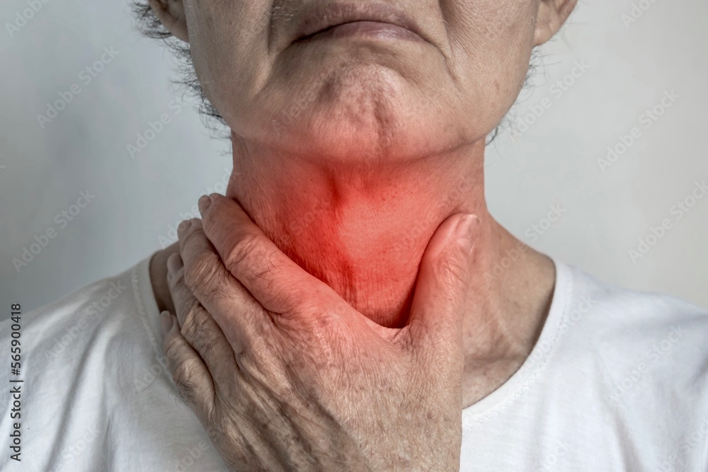 Redness at neck of Asian man. Concept of sore throat, pharyngitis ...
