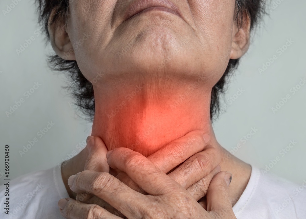 Redness at neck of Asian man. Concept of sore throat, pharyngitis ...