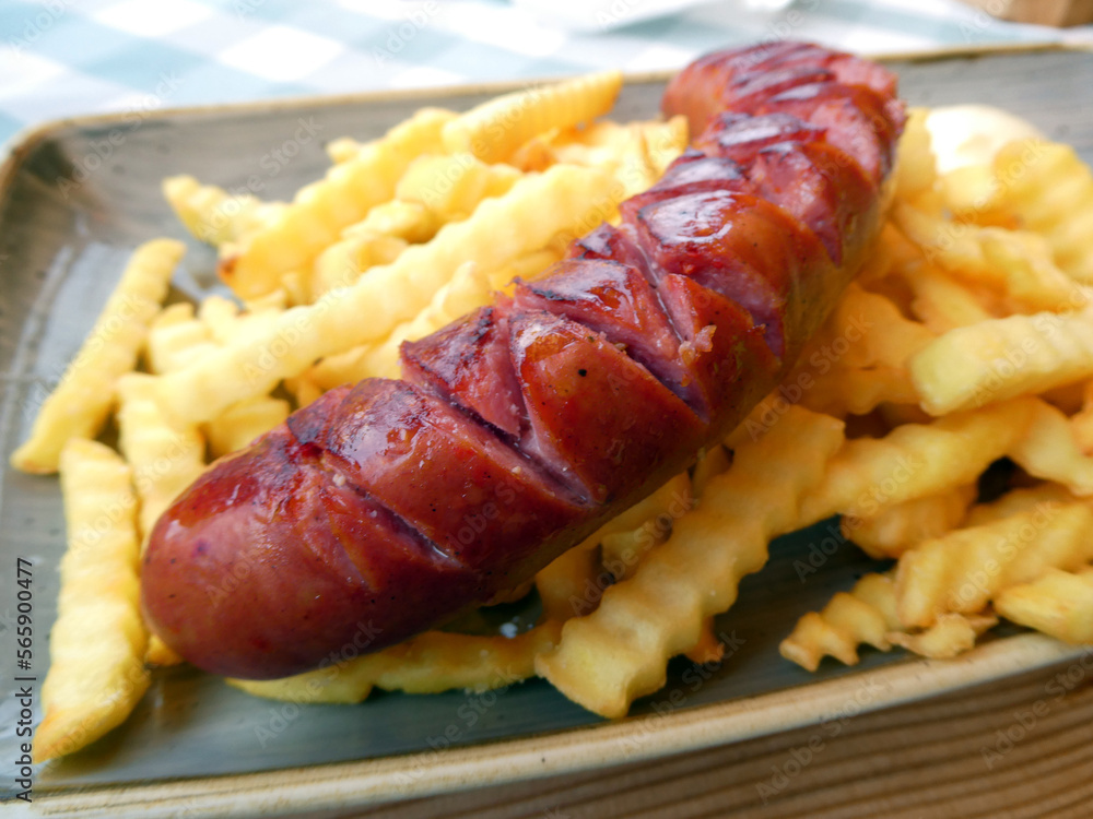 Wurst mit Pommes, Ketchup und Majonaise Stock Photo | Adobe Stock