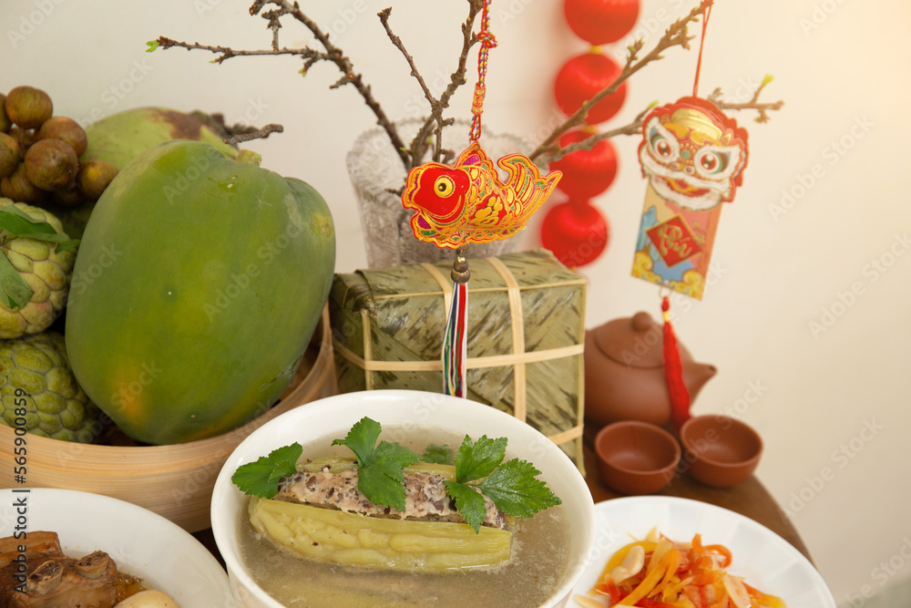 Family dinning table of Tet holiday or Lunar New Year with traditional ...