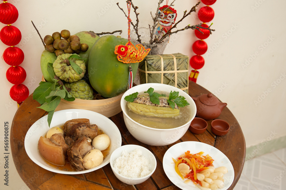 Family dinning table of Tet holiday or Lunar New Year with traditional ...