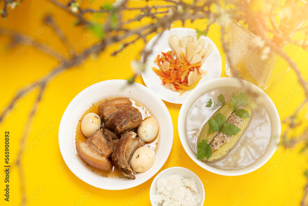 Family dinning table of Tet holiday or Lunar New Year with traditional ...