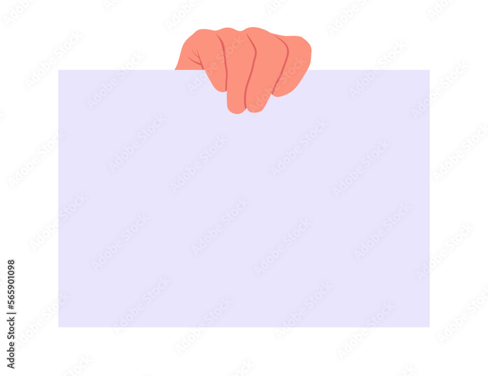 Hand holding blank piece of paper cartoon flat mockup vector ...