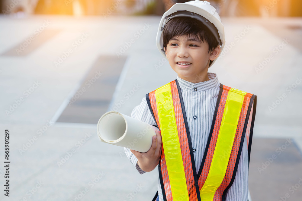 Cute Asian happy kid wearing white construction helmet or safety hard ...