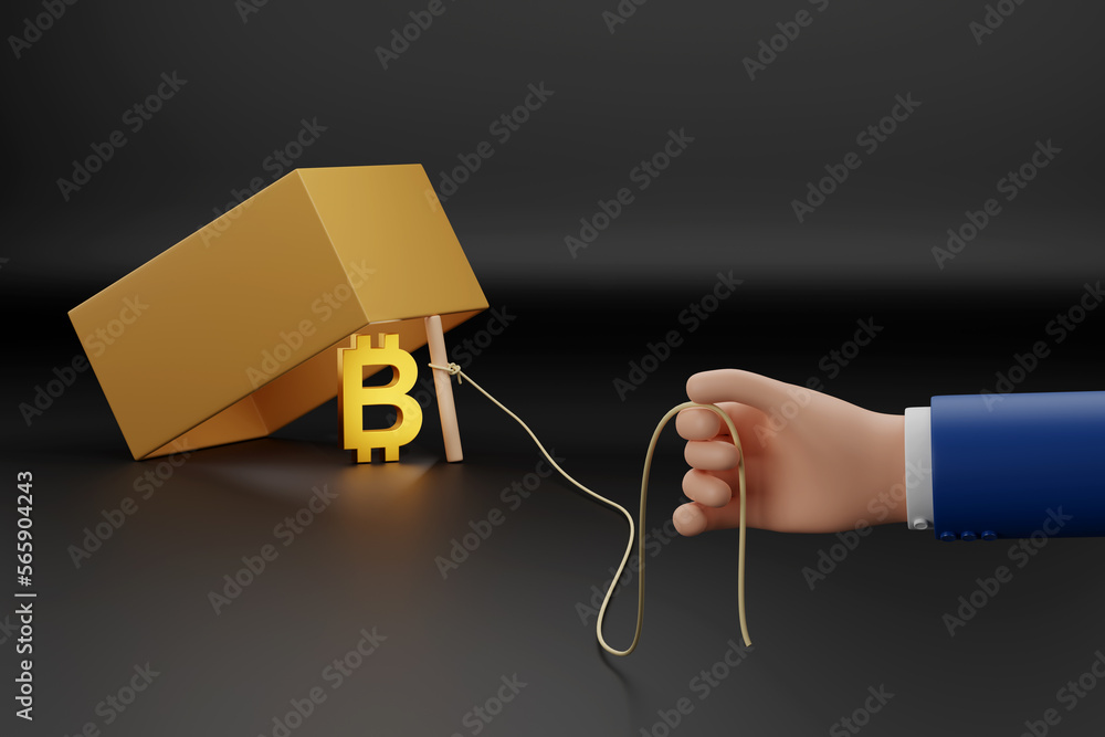 Cartoon hand holding the rope of a box trap with a bitcoin symbol as ...
