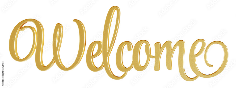 ‘Welcome’ isolated 3D text in golden script font on transparent background Stock Illustration ...