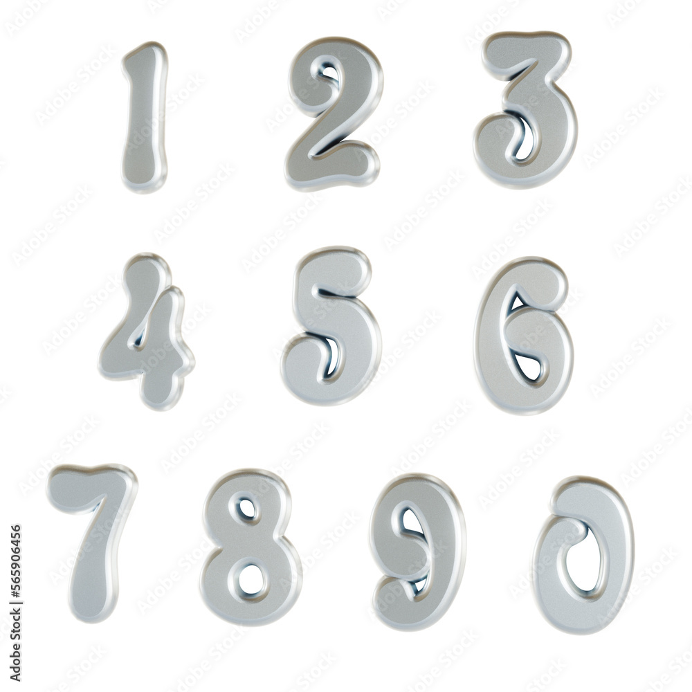 Numbers 0 through 9 isolated chrome metallic 3D text on transparent ...
